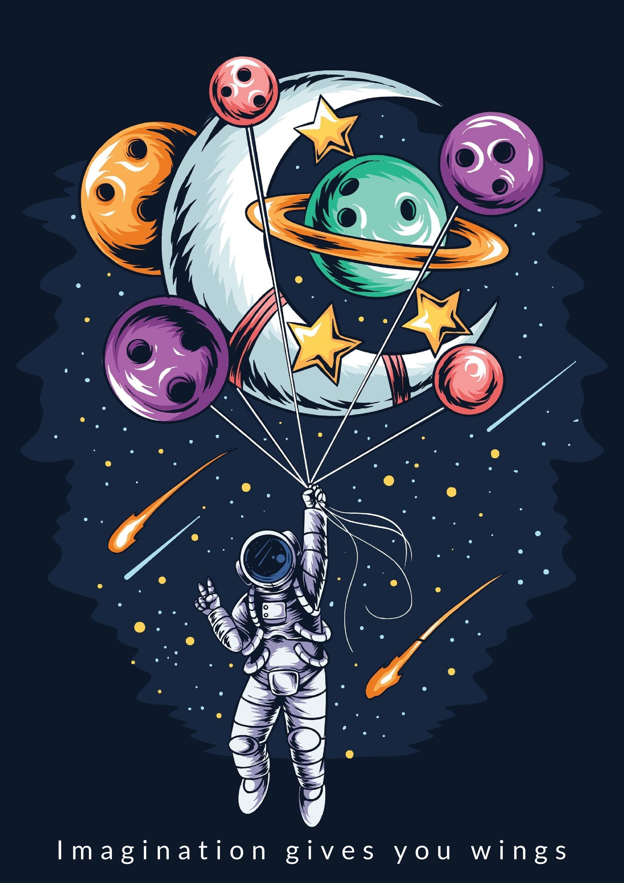 Astronaut Flying with Balloon Planets – FEMTOARTS